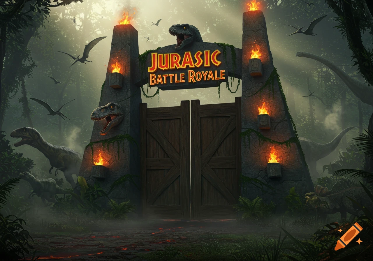 A grand stone gate with "JURASSIC BATTLE ROYALE" text, flanked by ...