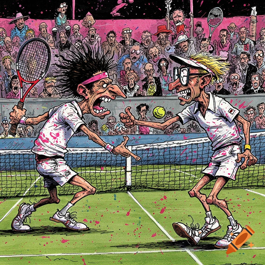 A vibrant, frenetic, Ralph Steadman-style illustration of two ...