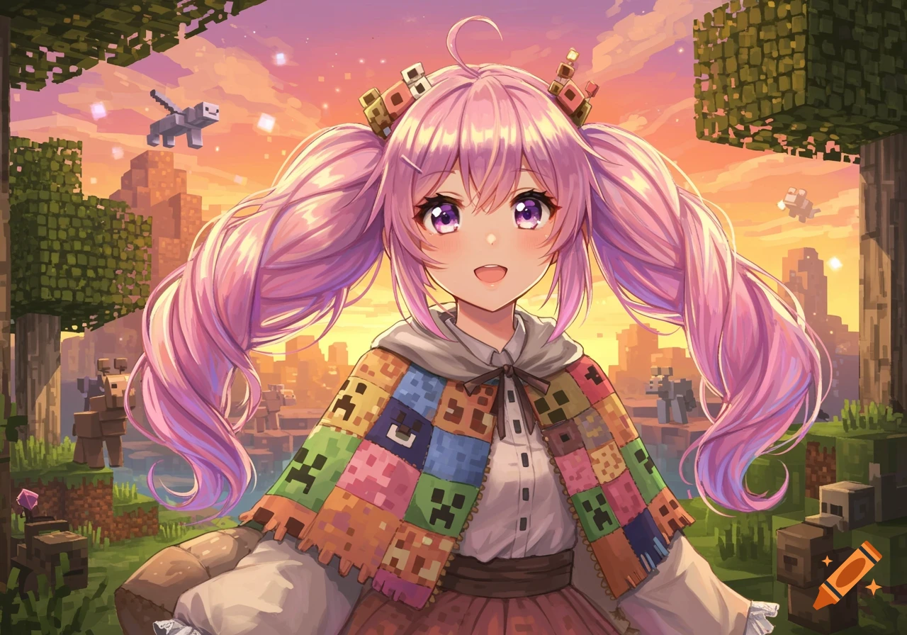 An anime girl with long pink pigtails, smiling while wearing a colorful ...