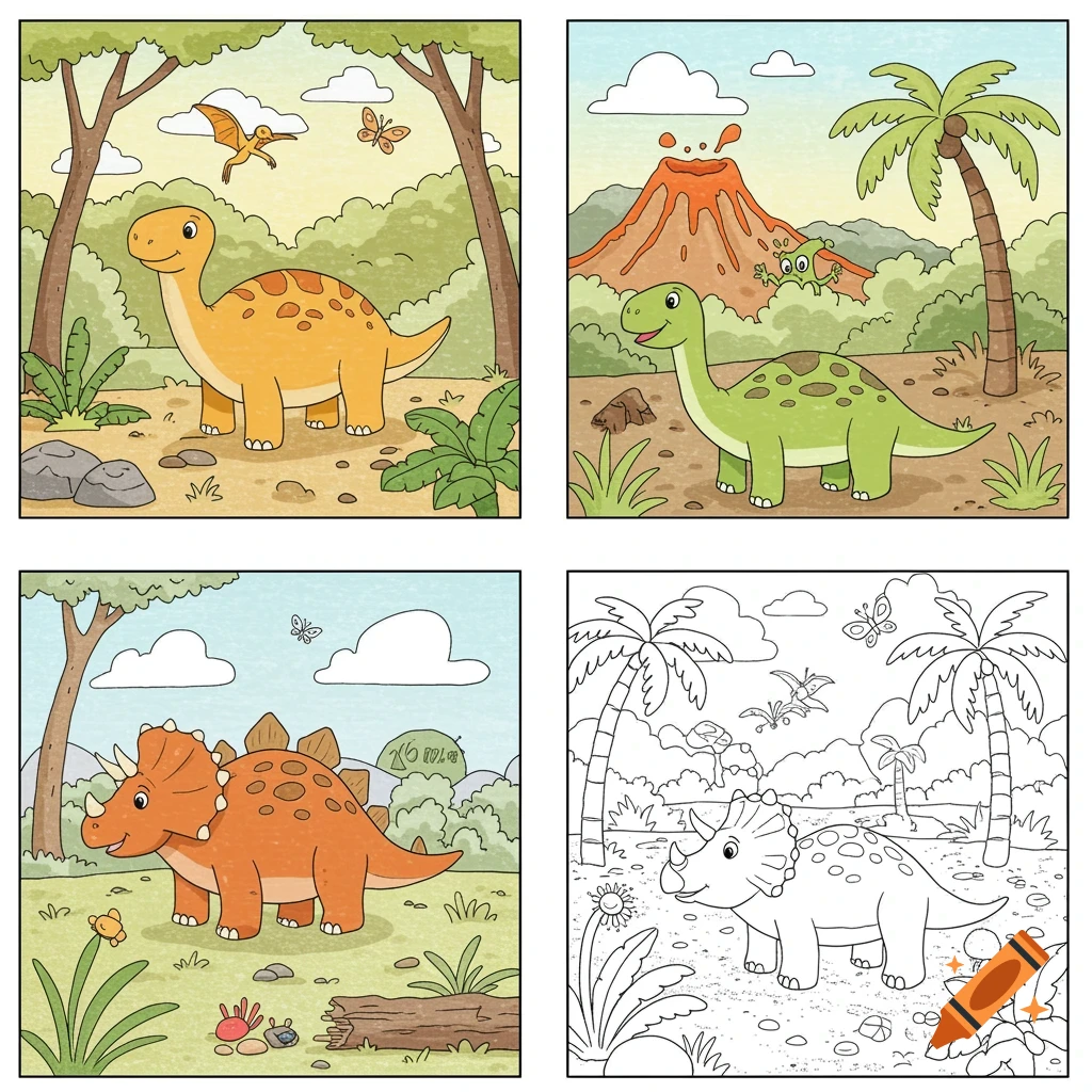 Four cartoon panels of dinosaurs: a yellow long-neck, a green long-neck ...