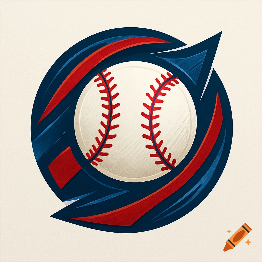 A stylized baseball logo with a white baseball featuring red stitching, surrounded by swirling ...