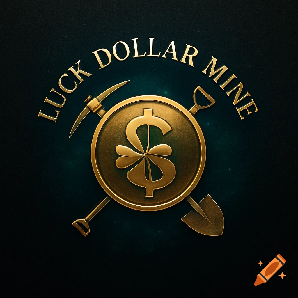 A gold emblem featuring a dollar sign on a coin, crossed with a pickaxe ...