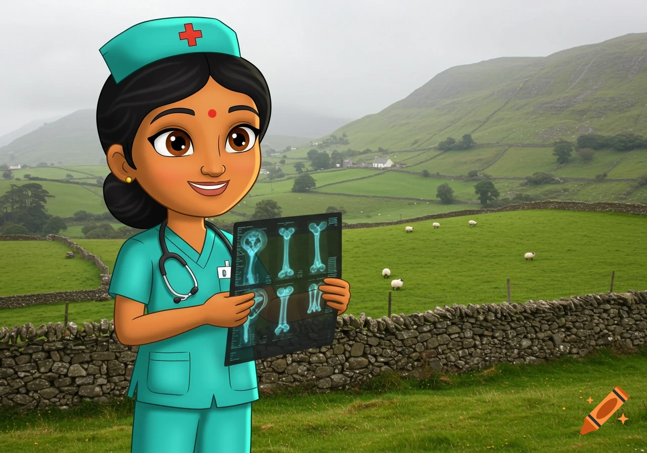 A cartoon Indian nurse in teal scrubs and cap holds an X-ray film ...
