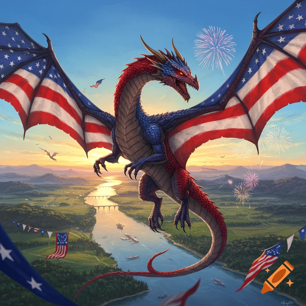 A large red, white, and blue dragon with American flag wings flies over ...