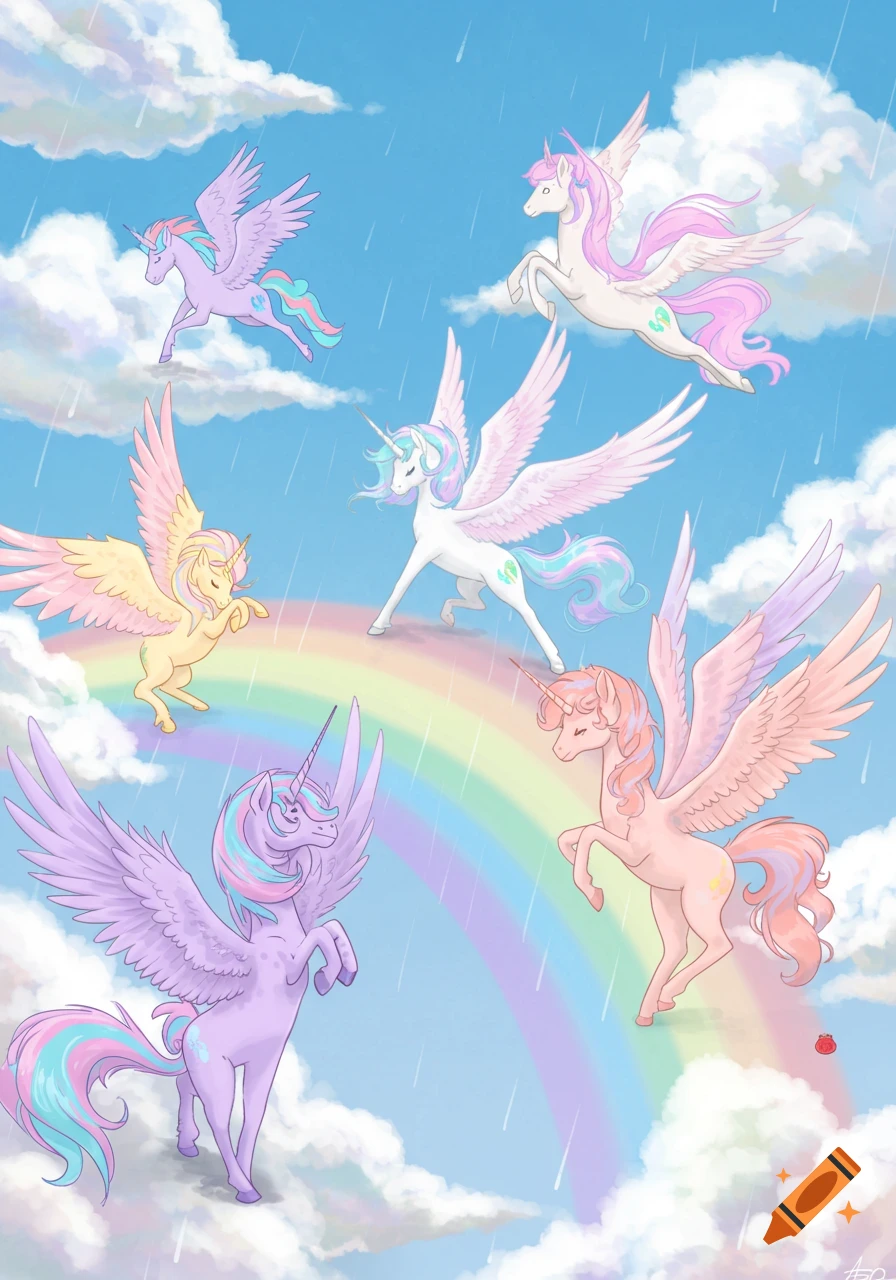 Six pastel-colored pegasi with flowing manes fly among clouds and a ...