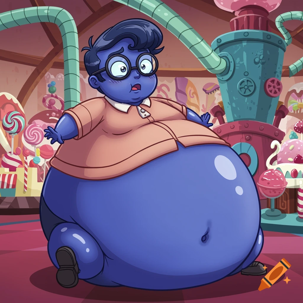 A surprised cartoon boy with glasses is inflated into a giant blue blueberry in a colorful candy ...