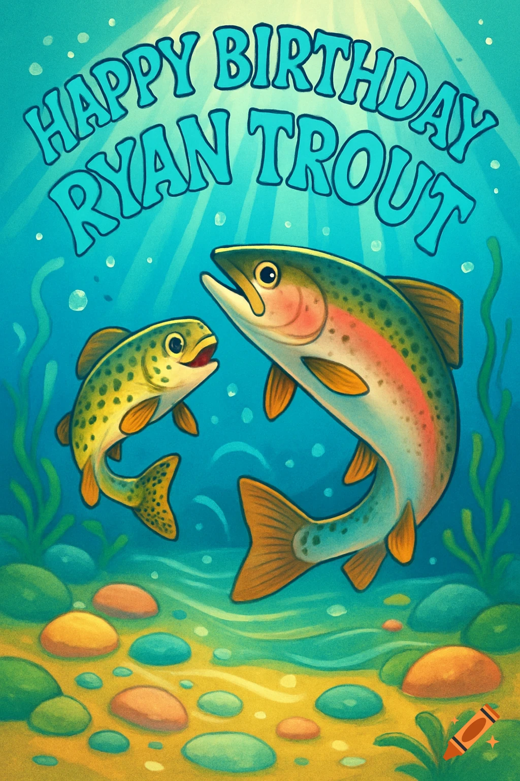 Cartoon illustration of two trout, an adult and a baby, swimming ...
