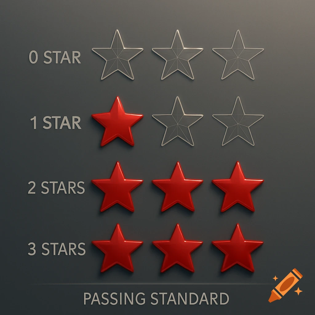A 3D rendered rating chart displaying star levels from 0 to 3, with red ...