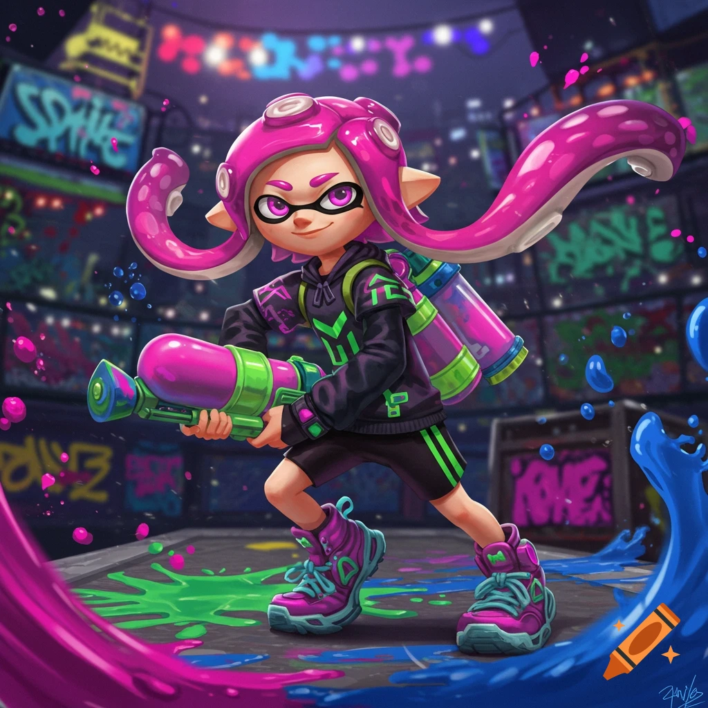 Two stylized female characters with colorful hair and ink-like ...