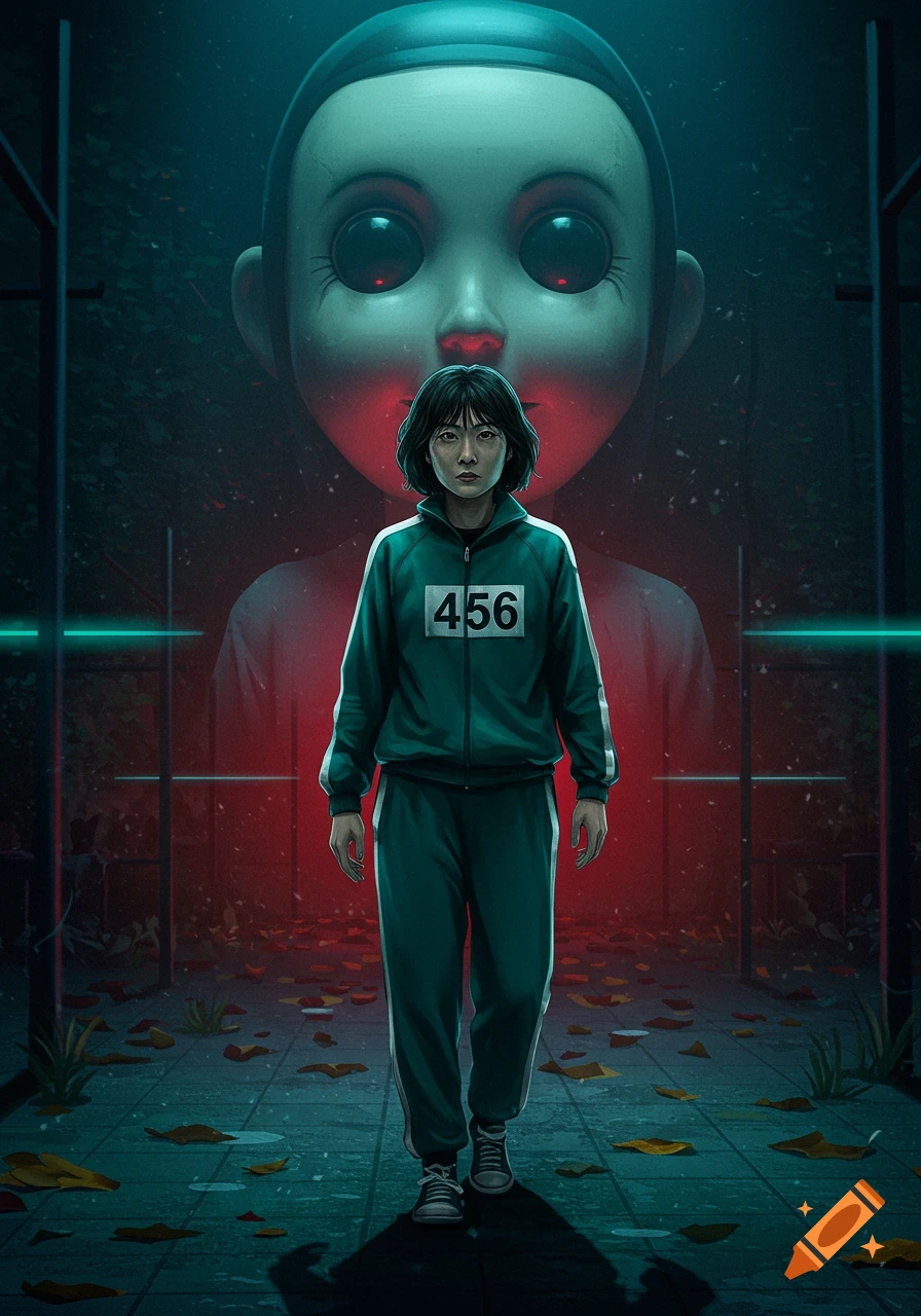 Player 456 from Squid Game stands under red and green light, with the ...