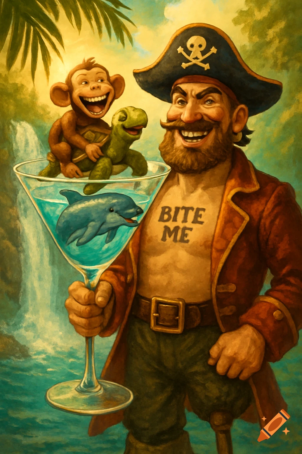 Pepe the frog, muscular, in a pool at night, holding a glass of red ...