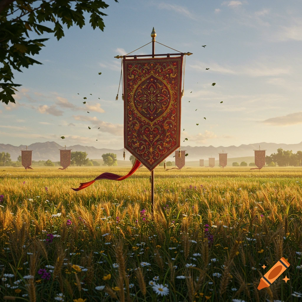 A large, ornate red and gold banner stands prominently in a golden ...