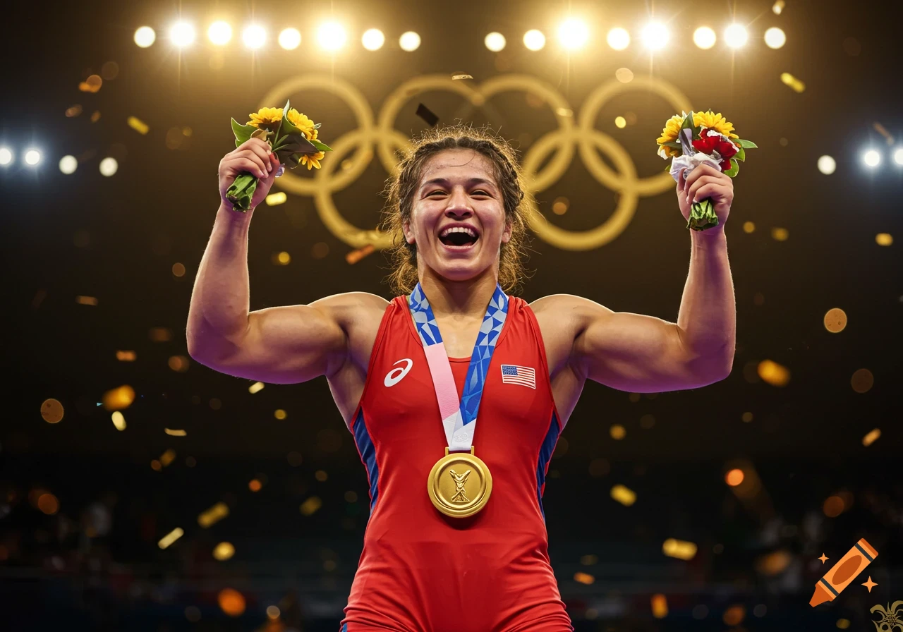 A female Olympic freestyle wrestler with a gold medal celebrates with ...