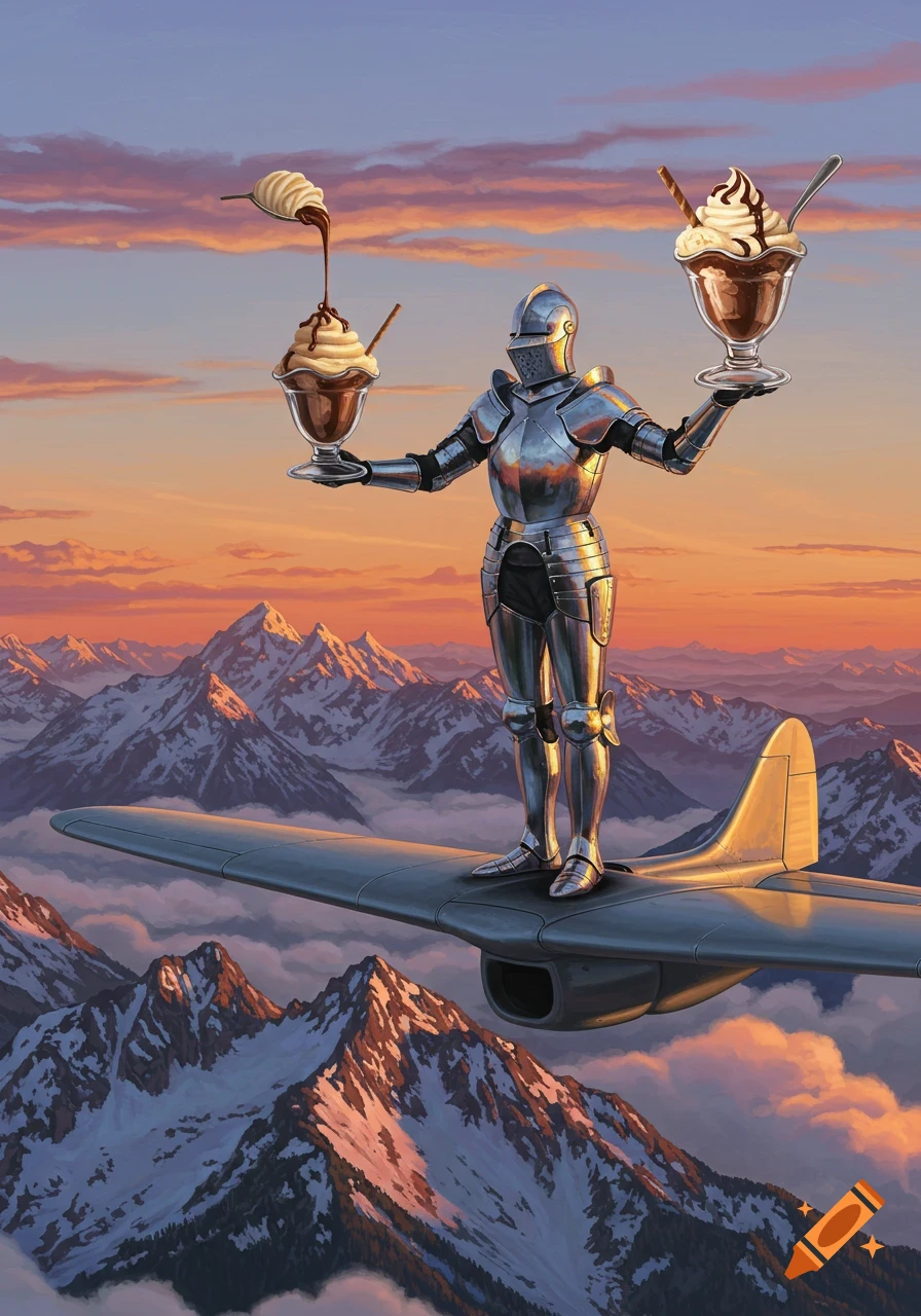 A knight in shining armor stands on an airplane wing, holding two hot ...