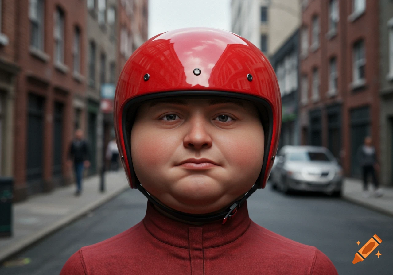 Close-up photorealistic portrait of a man with a large head wearing a ...