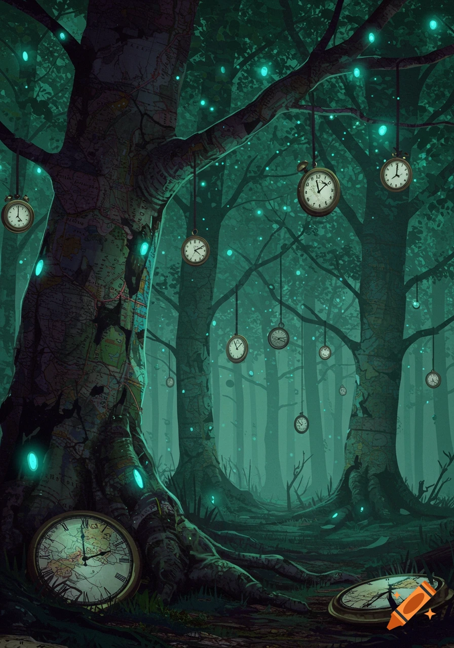 A stylized painting of a dark, mystical forest with turquoise glowing ...