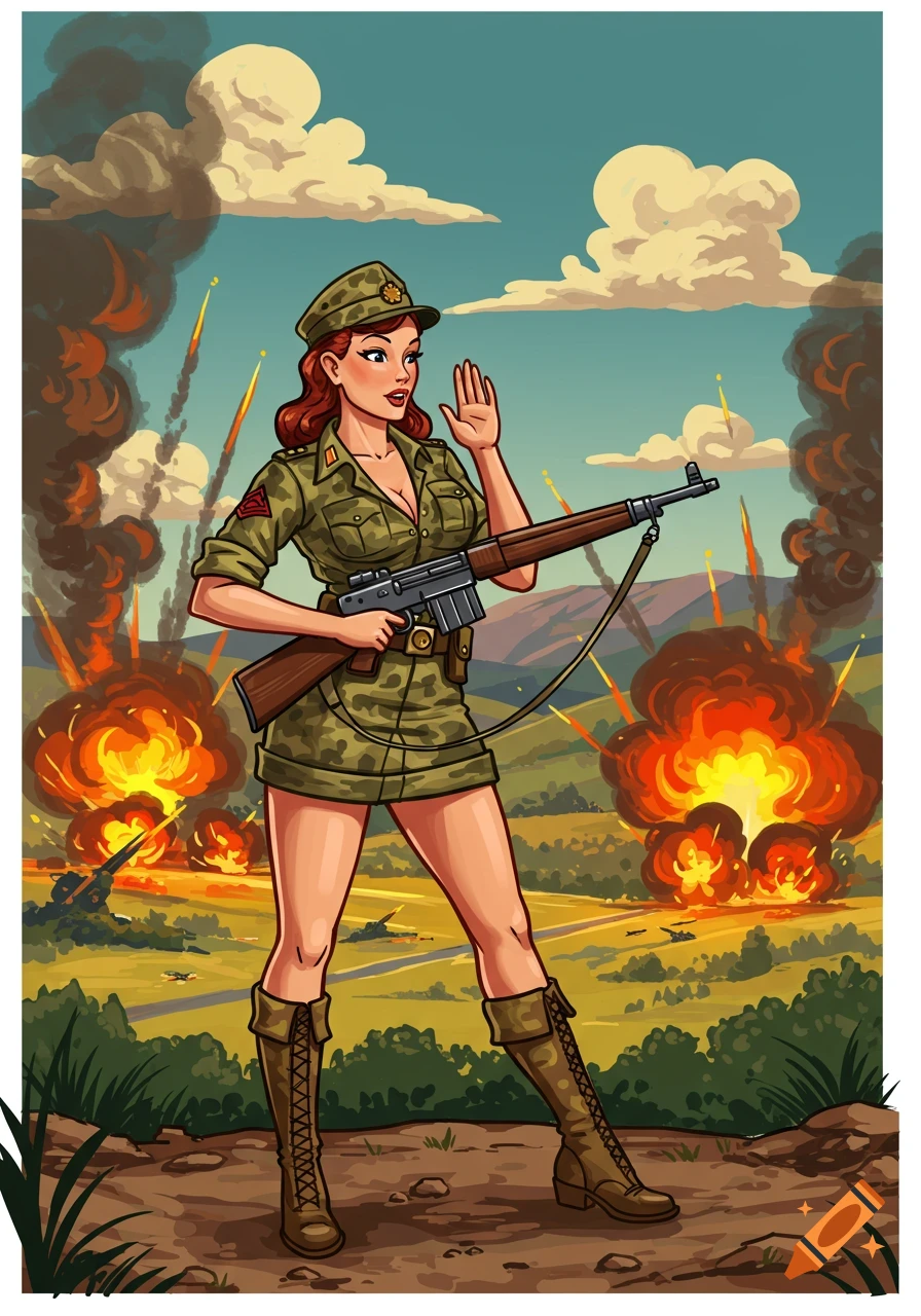 A cartoon pin-up style woman in a military uniform holds a rifle ...