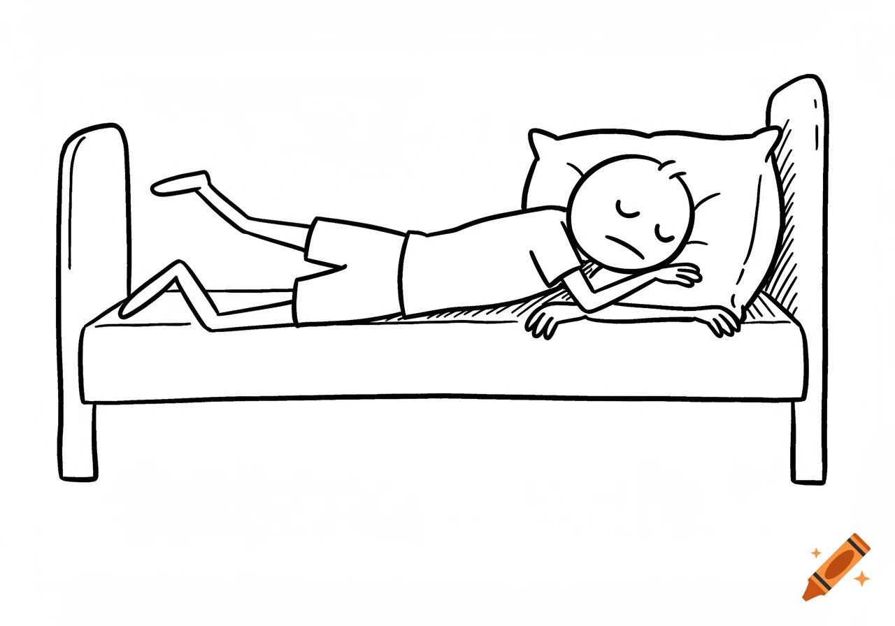 A line drawing of a person lying in bed, resting on several pillows ...