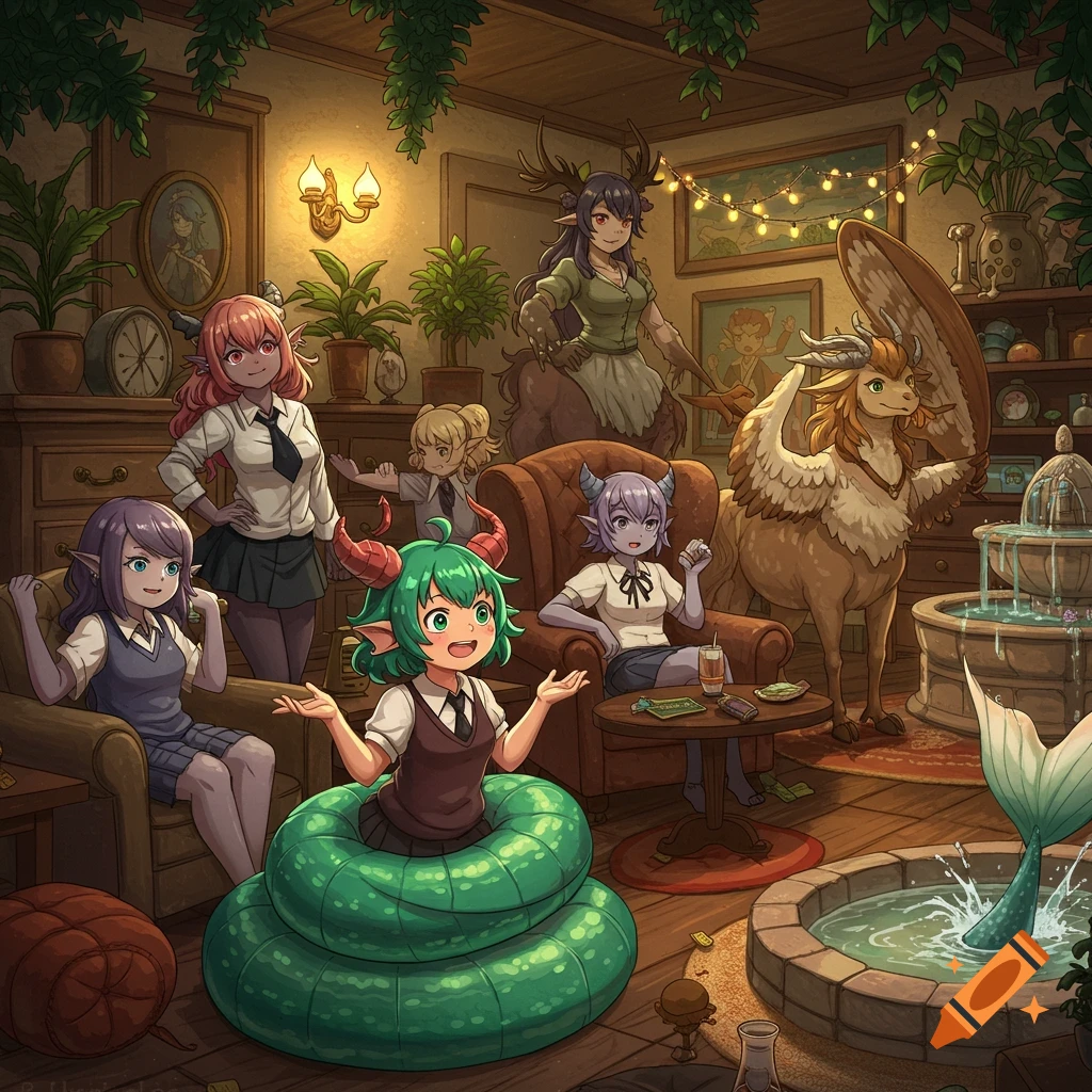An anime-style scene showing various monster girls in a cozy, plant ...