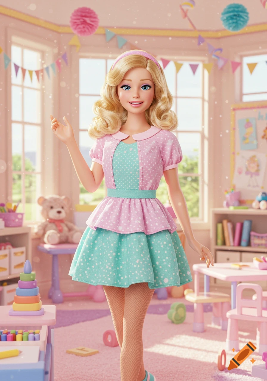 Illustrated Barbie-like doll in a pink dress eating chocolate cake at ...