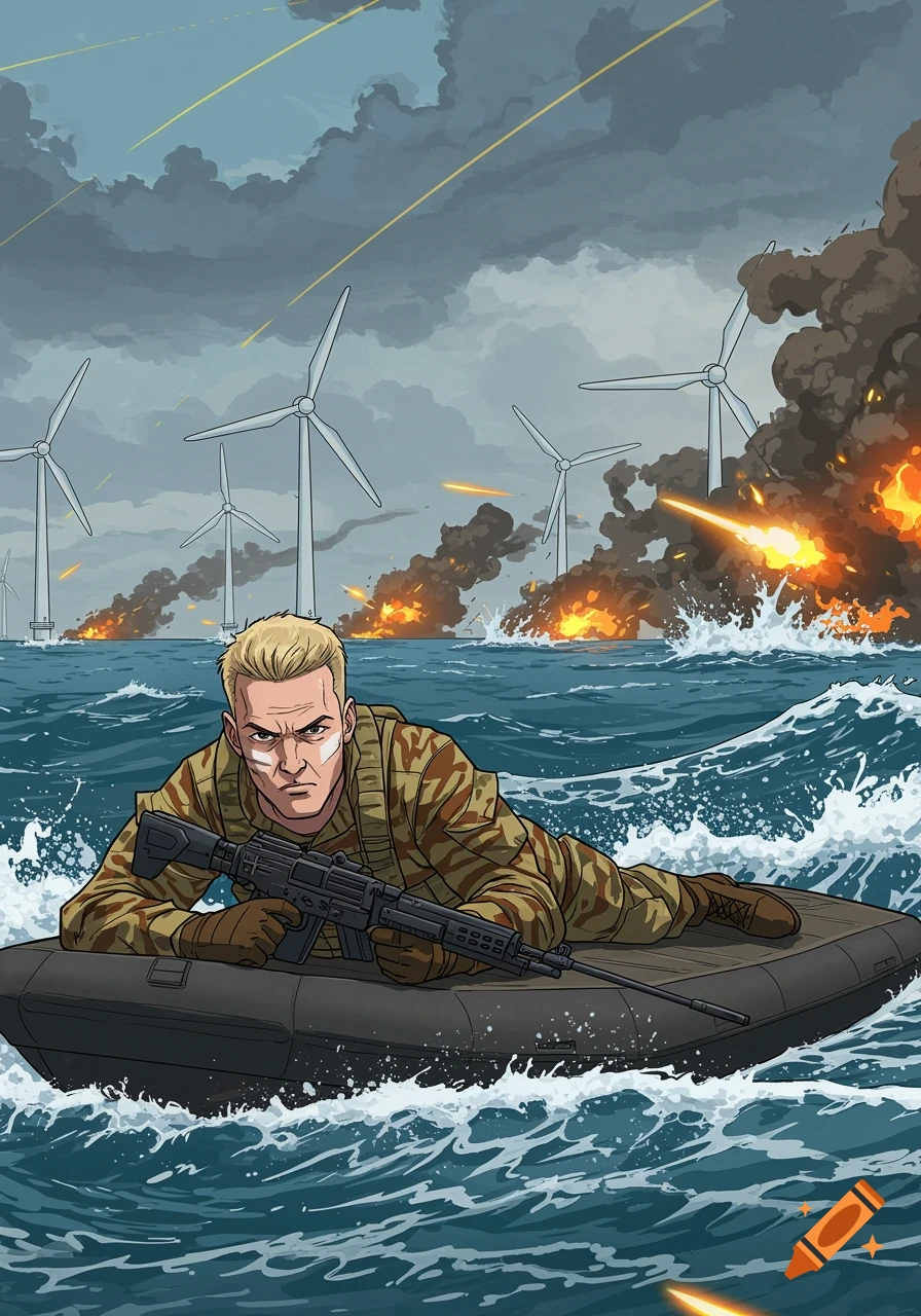 Cartoon Royal Marine on an attack boat with a rifle, navigating choppy ...
