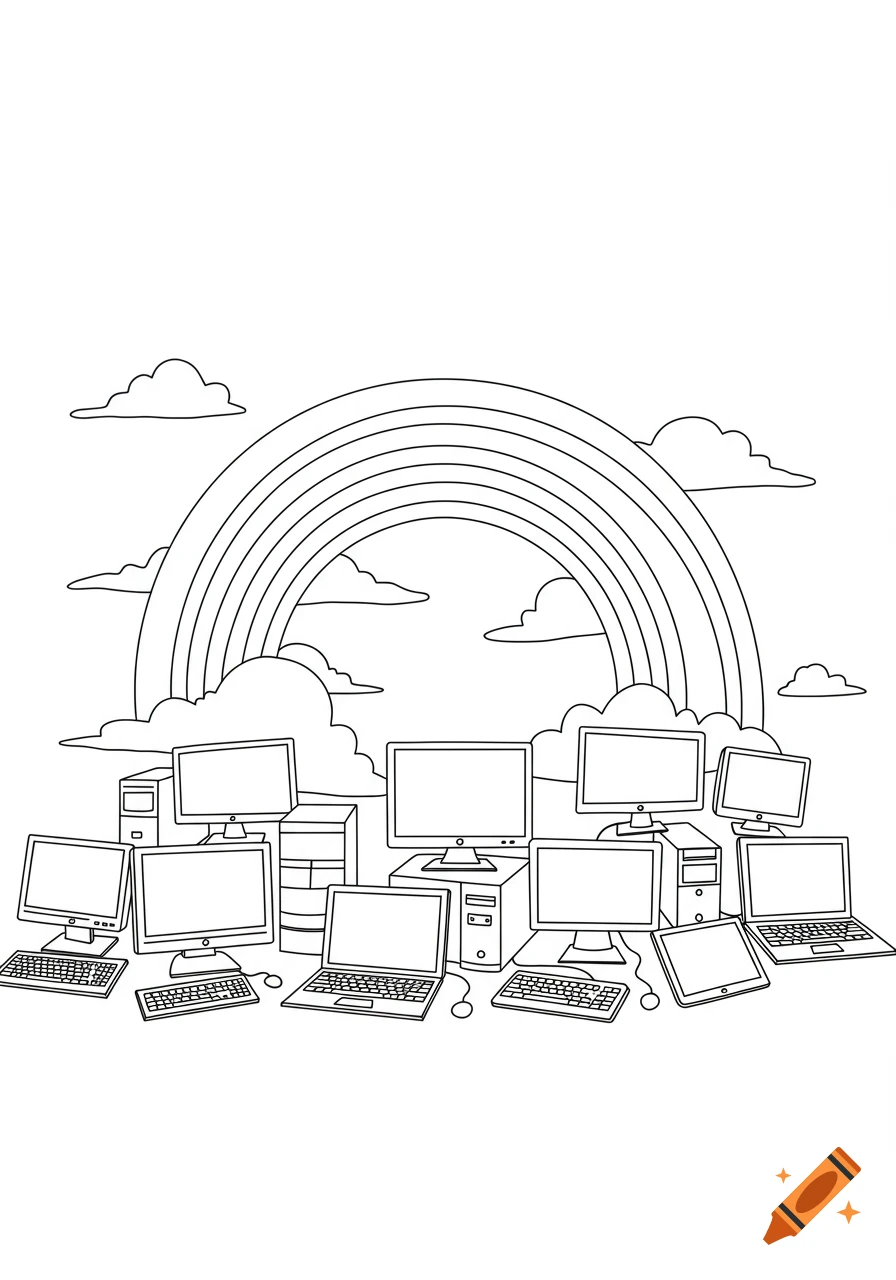 Black and white coloring book illustration of a rainbow arching over ...