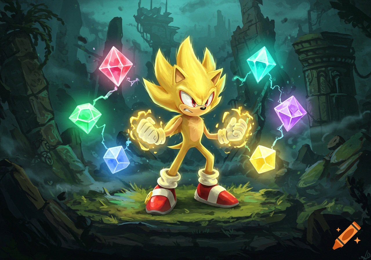 Super Sonic charges with yellow energy, surrounded by glowing multi ...