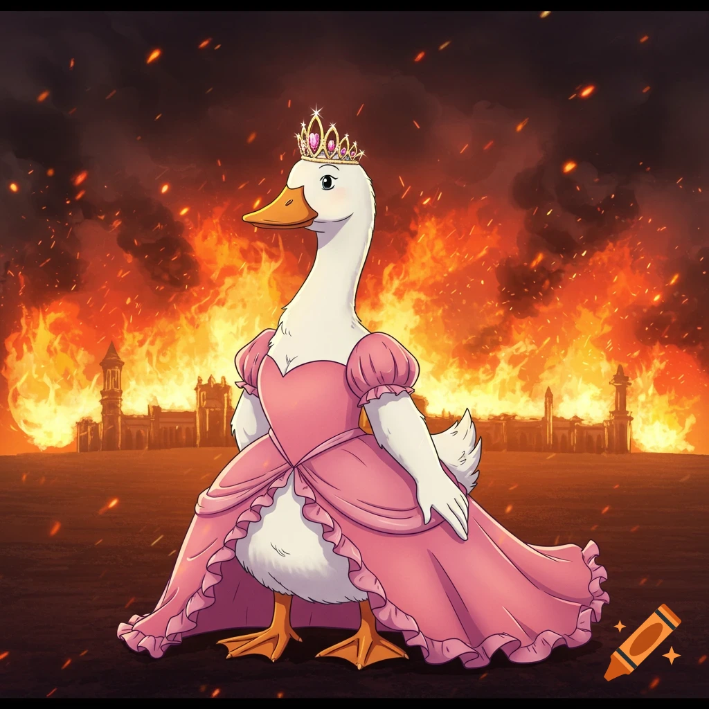 A cartoon white goose wearing a pink princess dress and a sparkling ...