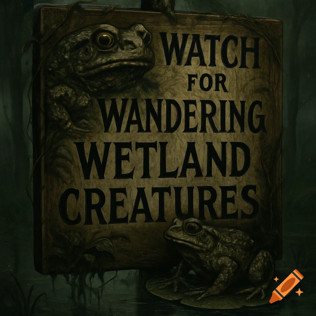 A dark, ominous wooden warning sign in a wetland, with the text 'WATCH ...