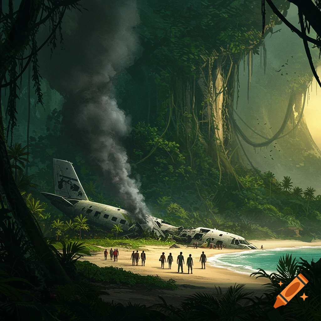 Crashed airplane wreckage on a tropical beach with smoke rising into a ...