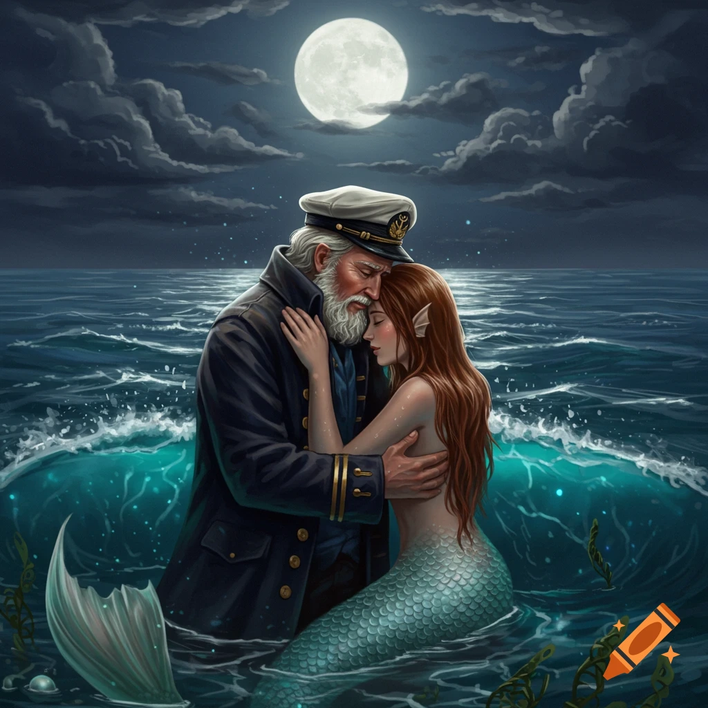 A sea captain embraces a woman with red hair on a cobblestone dock at ...