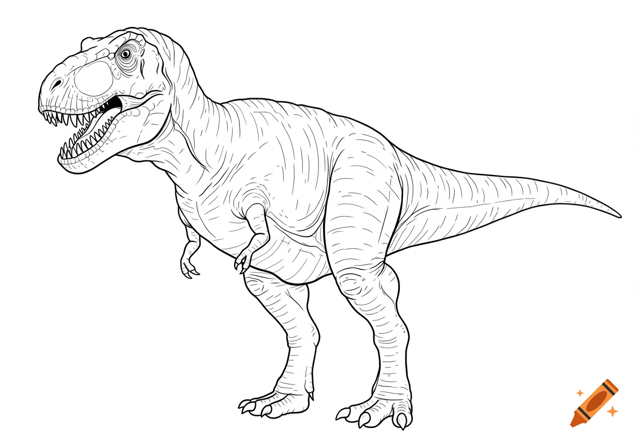 A black and white outline drawing of a realistic Tyrannosaurus rex ...
