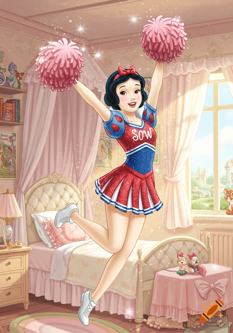 Artwork of Disney Snow White as a cheerleader, holding pink pom-poms ...