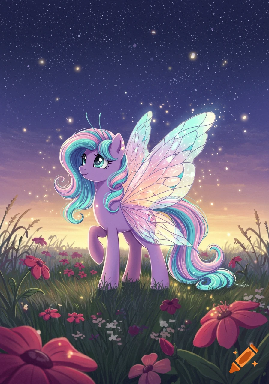 A lavender My Little Pony character with flowing teal and pink hair ...