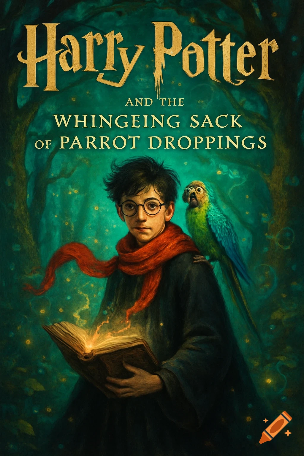 Stylized book cover for 'Harry Potter and the Whingeing Sack of Parrot ...