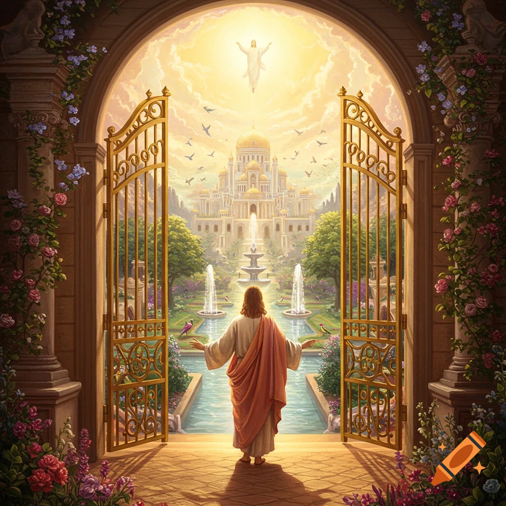 A serene fantasy garden with angelic statues, glowing blue flowers, a ...