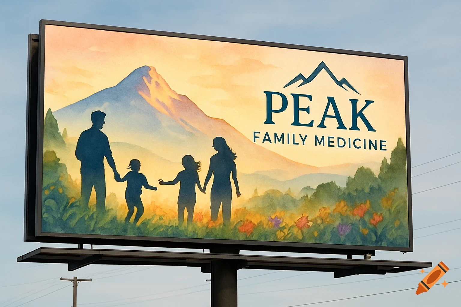 A watercolor-style billboard depicts a family silhouette in a field ...