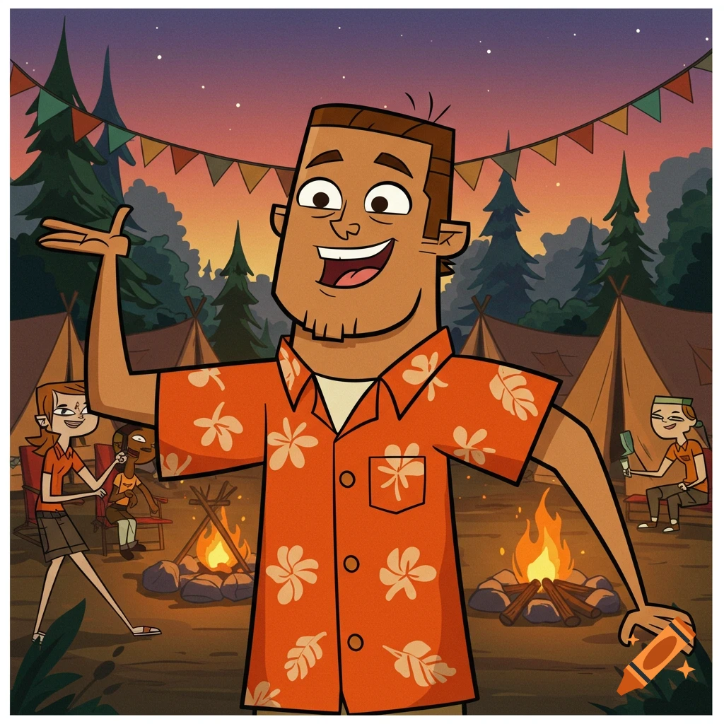 A smiling cartoon character resembling Owen from Total Drama at a camp ...