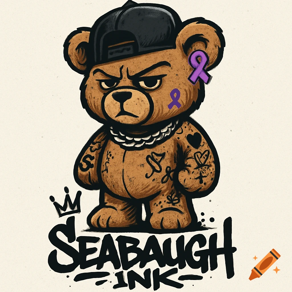 A cartoon teddy bear logo in a black backward cap, chain, and tattoos ...