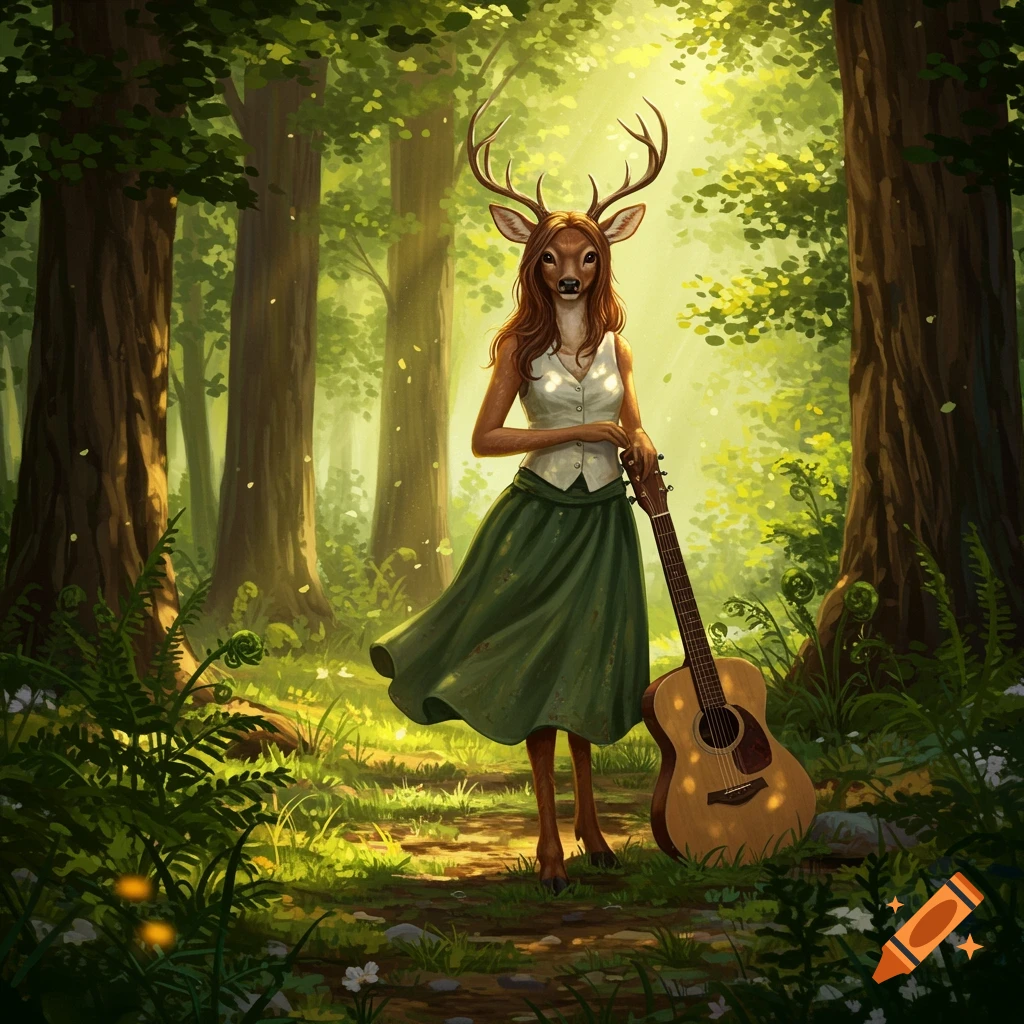 A fantasy illustration of a humanoid deer with long hair, green skirt ...
