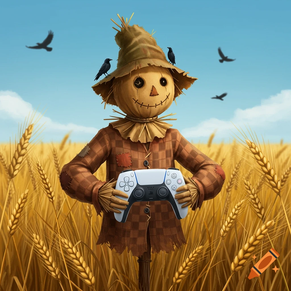 A scarecrow in a wheat field holds a PlayStation 5 controller, with ...