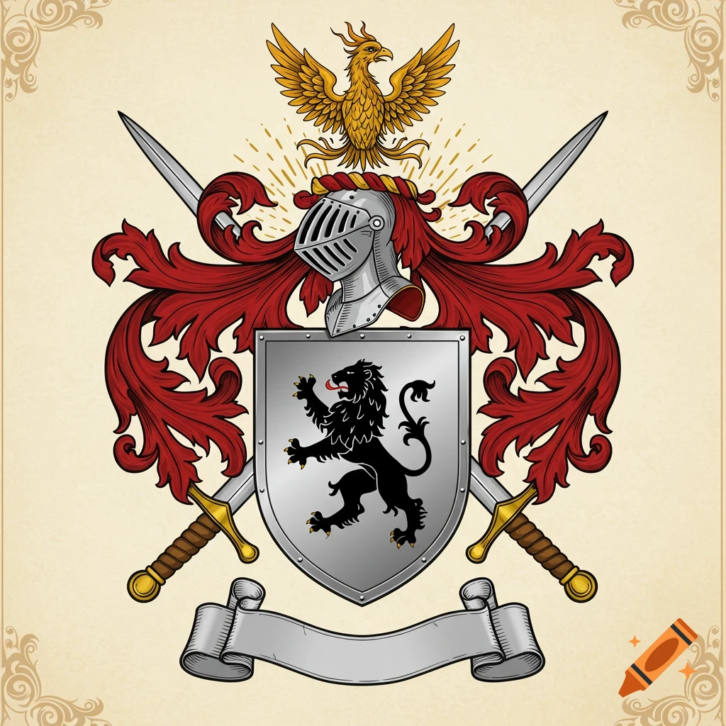 A heraldic crest featuring a black dragon on a golden shield with a sunburst, flanked by swords ...