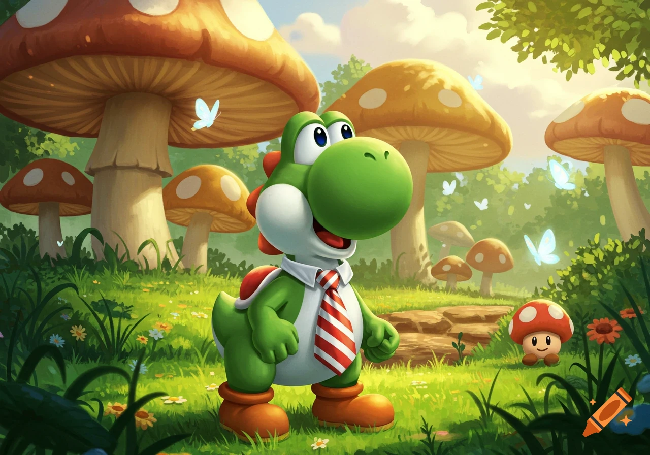 Green Yoshi wearing a red and white striped tie stands in a lush ...