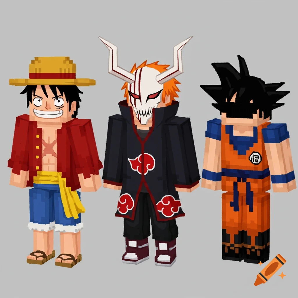 Three pixel art Minecraft characters, including Luffy, Ichigo Hollow ...