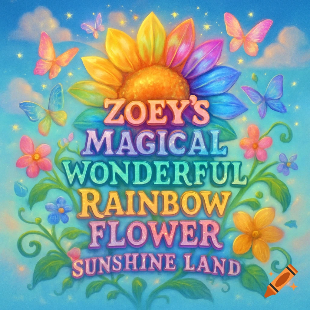 A vibrant illustration of a rainbow-colored flower, butterflies, and ...