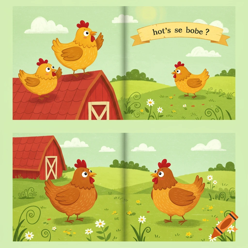 Cartoon illustration of a two-page children's book spread showing hens ...