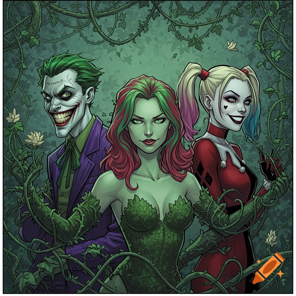 Comic illustration of Poison Ivy flanked by Joker and Harley Quinn ...