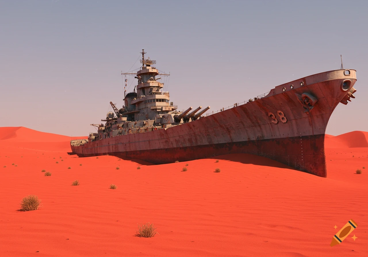 A large, rusty battleship is half-buried in a vast red sand desert ...