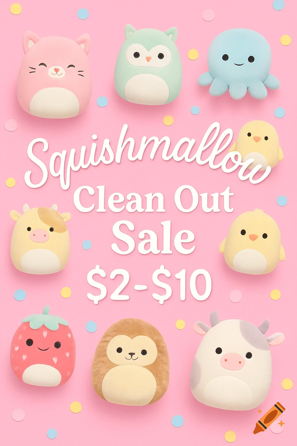 A graphic with colorful Squishmallow plush toys including a cat, owl ...