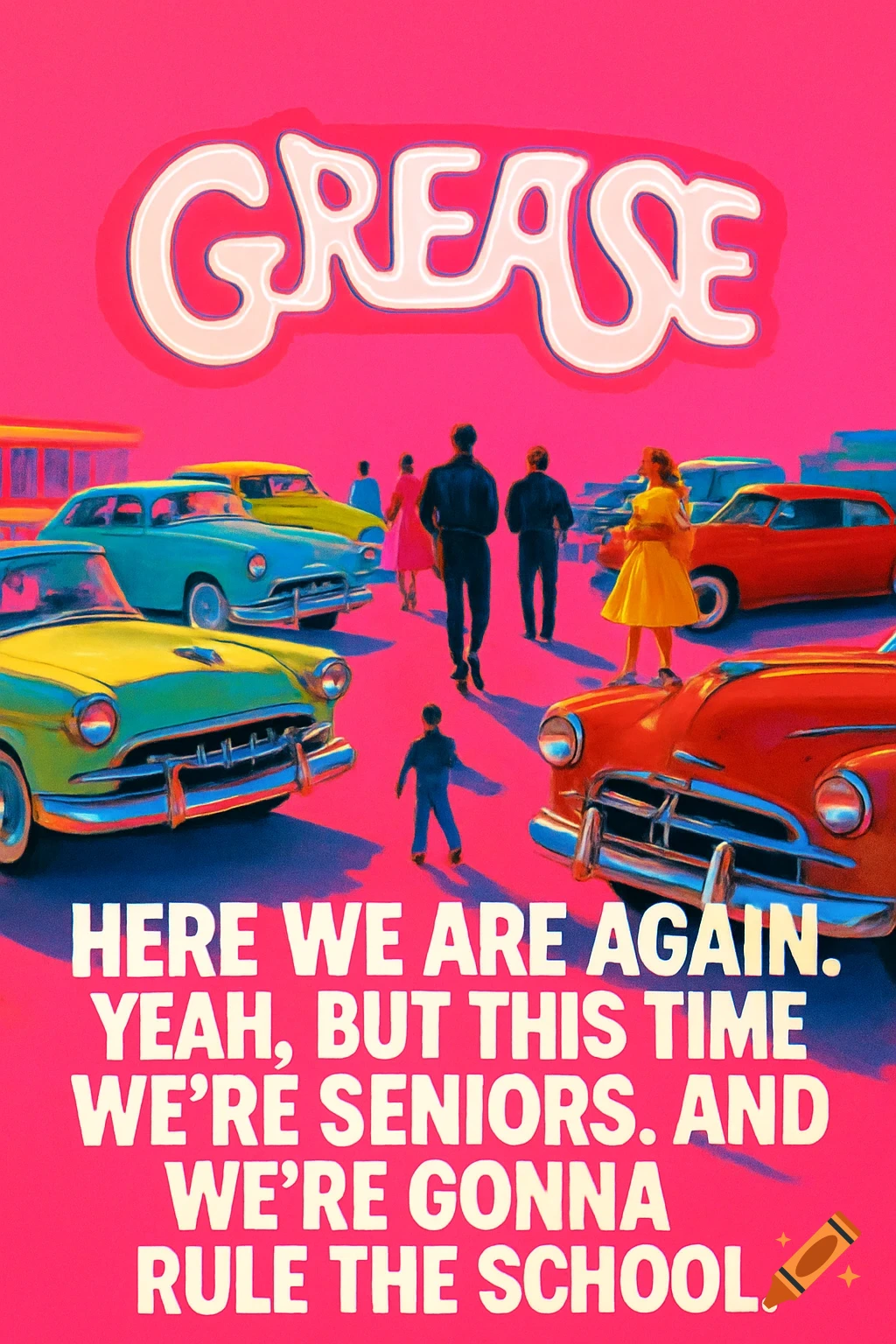 A vintage-style poster for "Grease The Musical" featuring a red classic ...